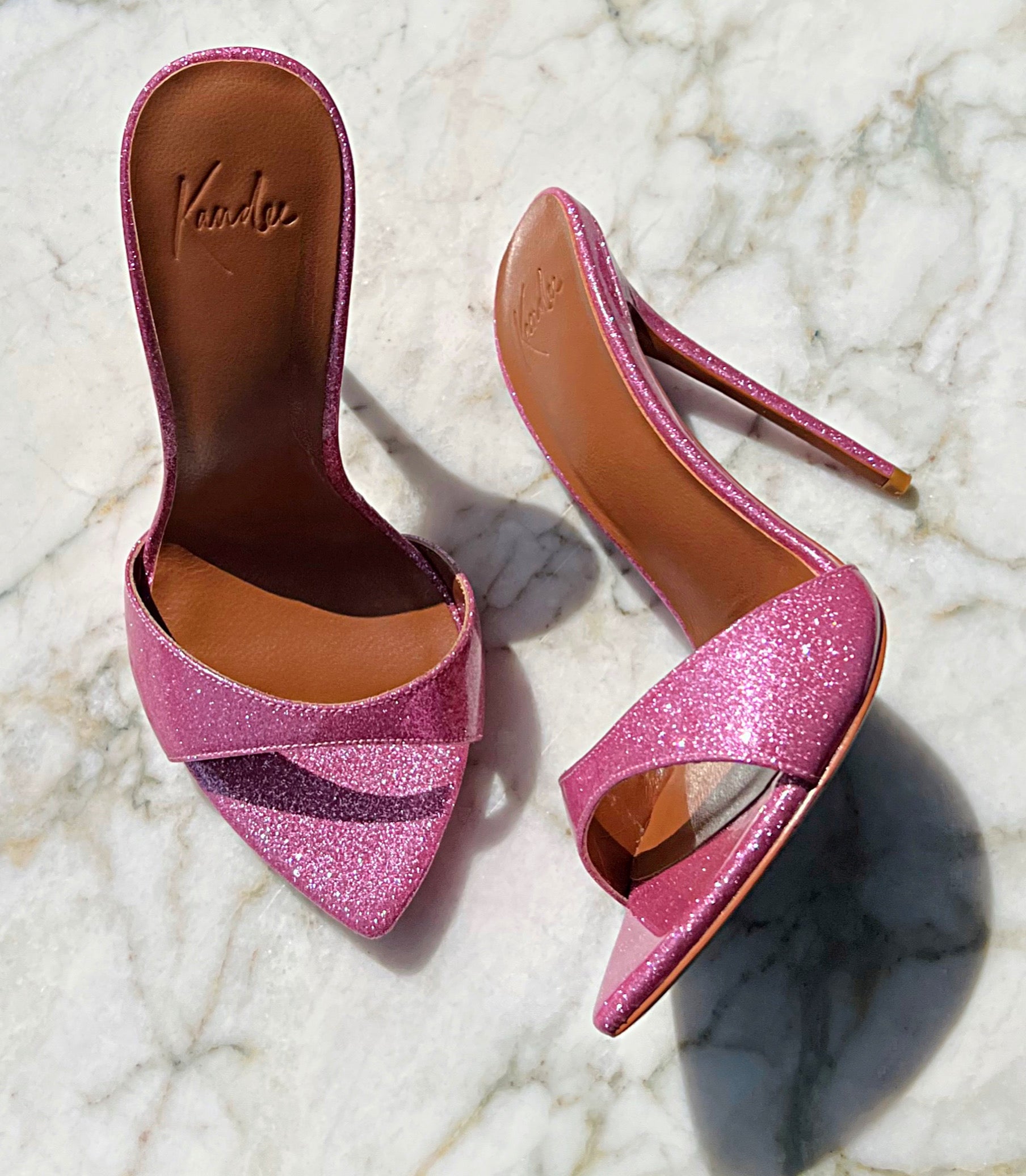 Pink Diamond Dust Patent Mules | Handmade Elegance | Kandee
